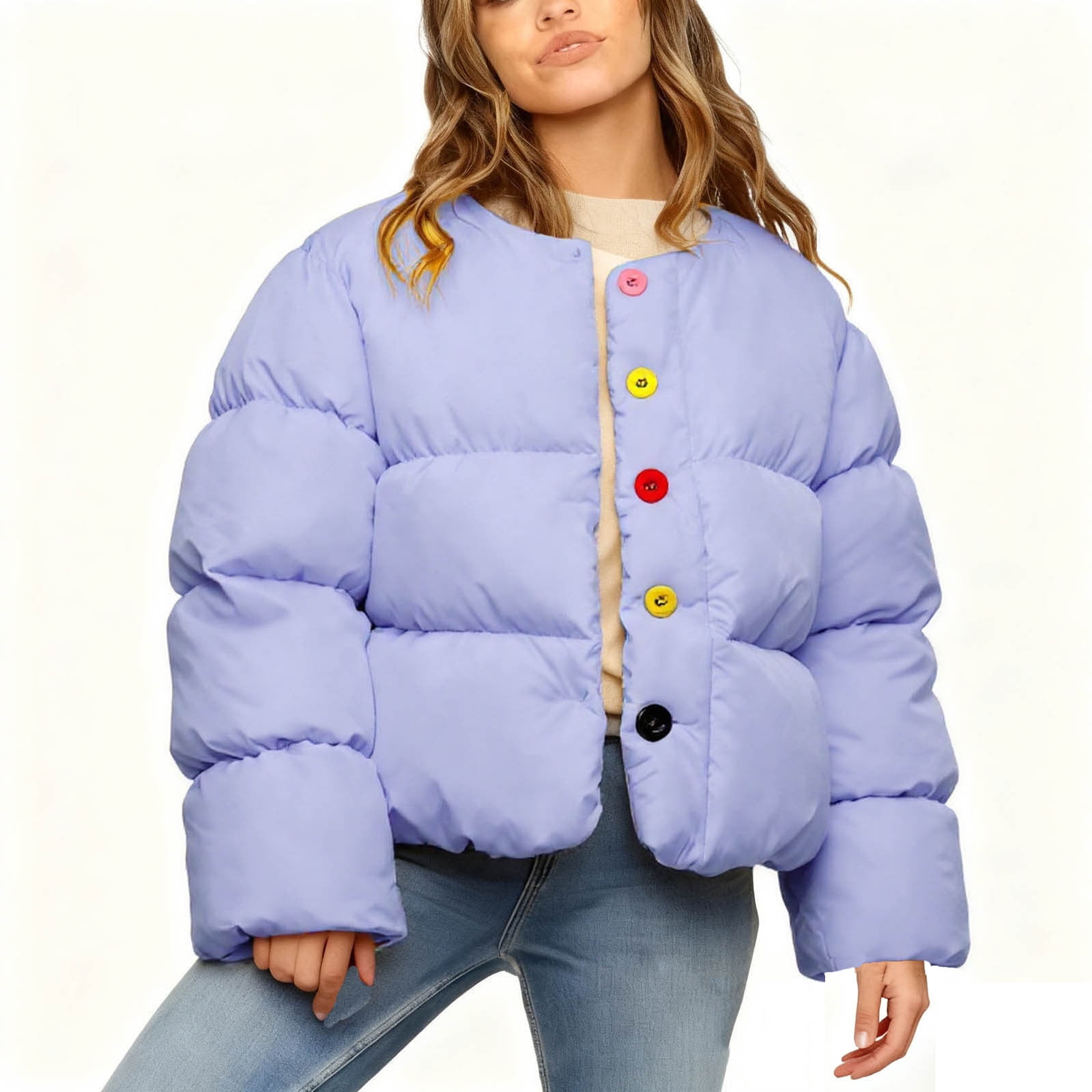 Aueoeo Women's Puffer Jacket Long Sleeve Cropped Jackets Button Up ...
