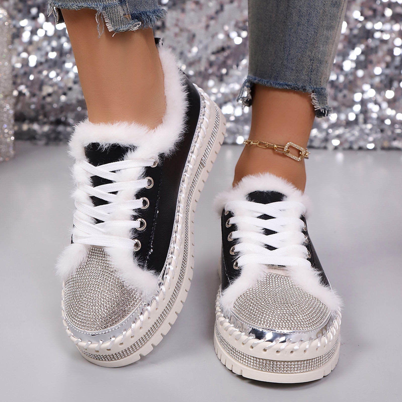 Aueoeo Women's Rhinestone Loafers Patchwork Faux Furs Lined Shoes Fall ...