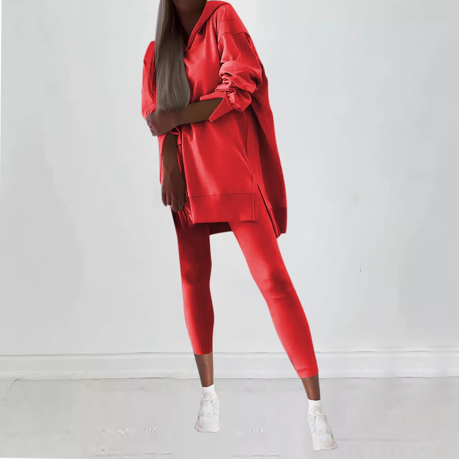 Aueoeo Women's Round Neck 2 Piece Outfits Casual Long Sleeved Hoodies ...