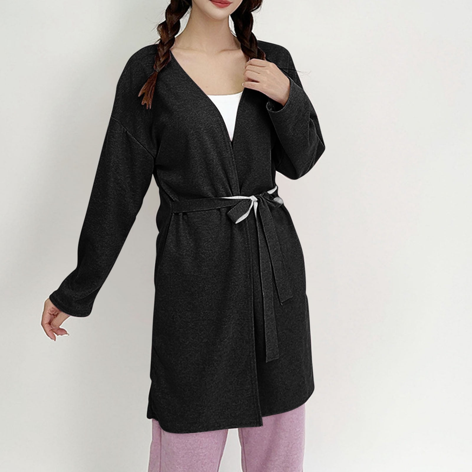 Aueoeo Women's Solid Color Robe Knee Length Bathrobe Soft Warm Front ...