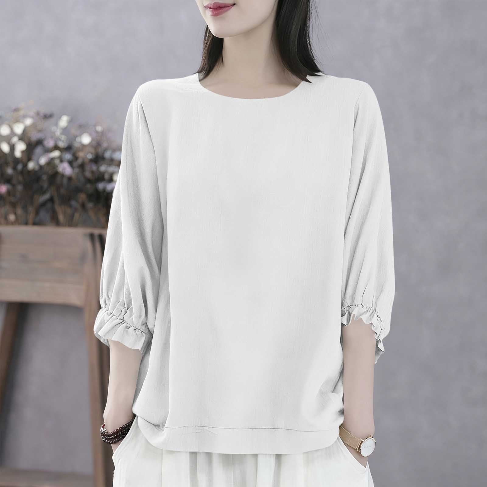 Aueoeo Women's Solid Color Short Lace Sleeves Pullover Round Neck Tops ...