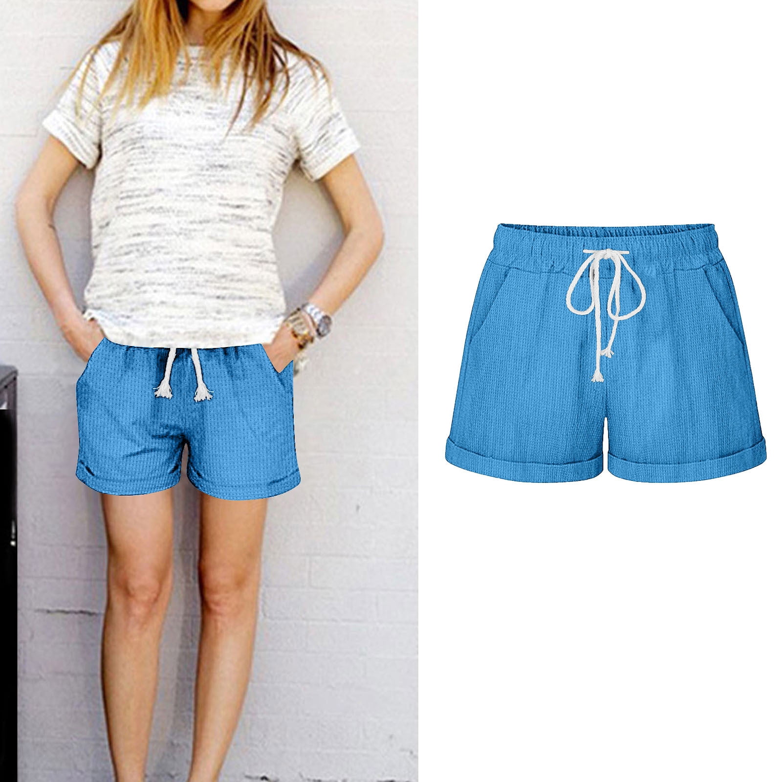Aueoeo Women's Solid Color Shorts Drawstring Elastic Waist Shorts ...