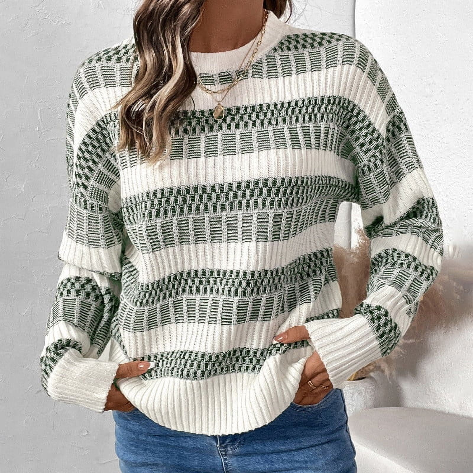 Aueoeo Women's Striped Knit Sweaters 2025 Fall Winter Crew Neck Long ...
