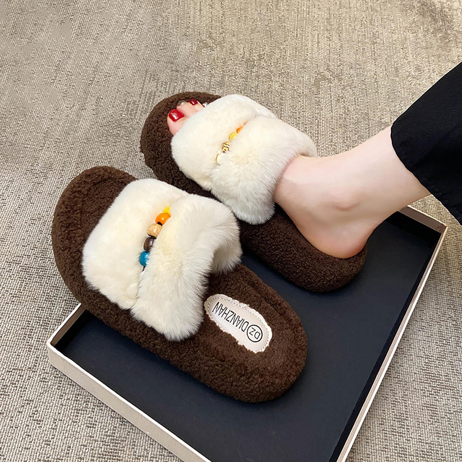Aueoeo Women's Trendy Slippers Casual Fall Winter Warm Open-Toed ...