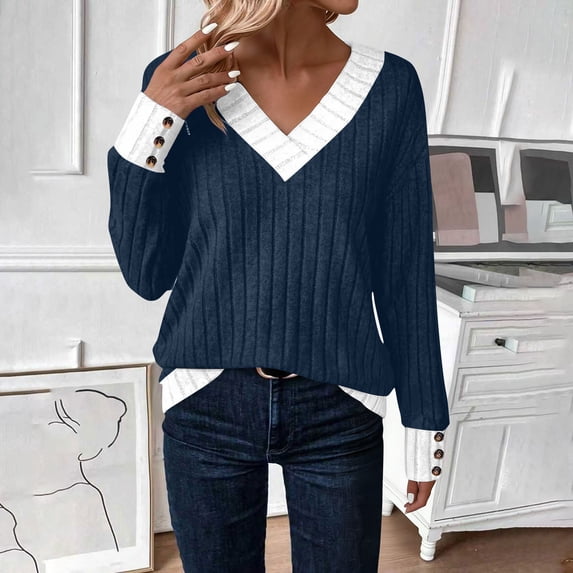 Aueoeo Women's V-neck Sweater Solid Color Ribbed Long Sleeve Knit Top ...