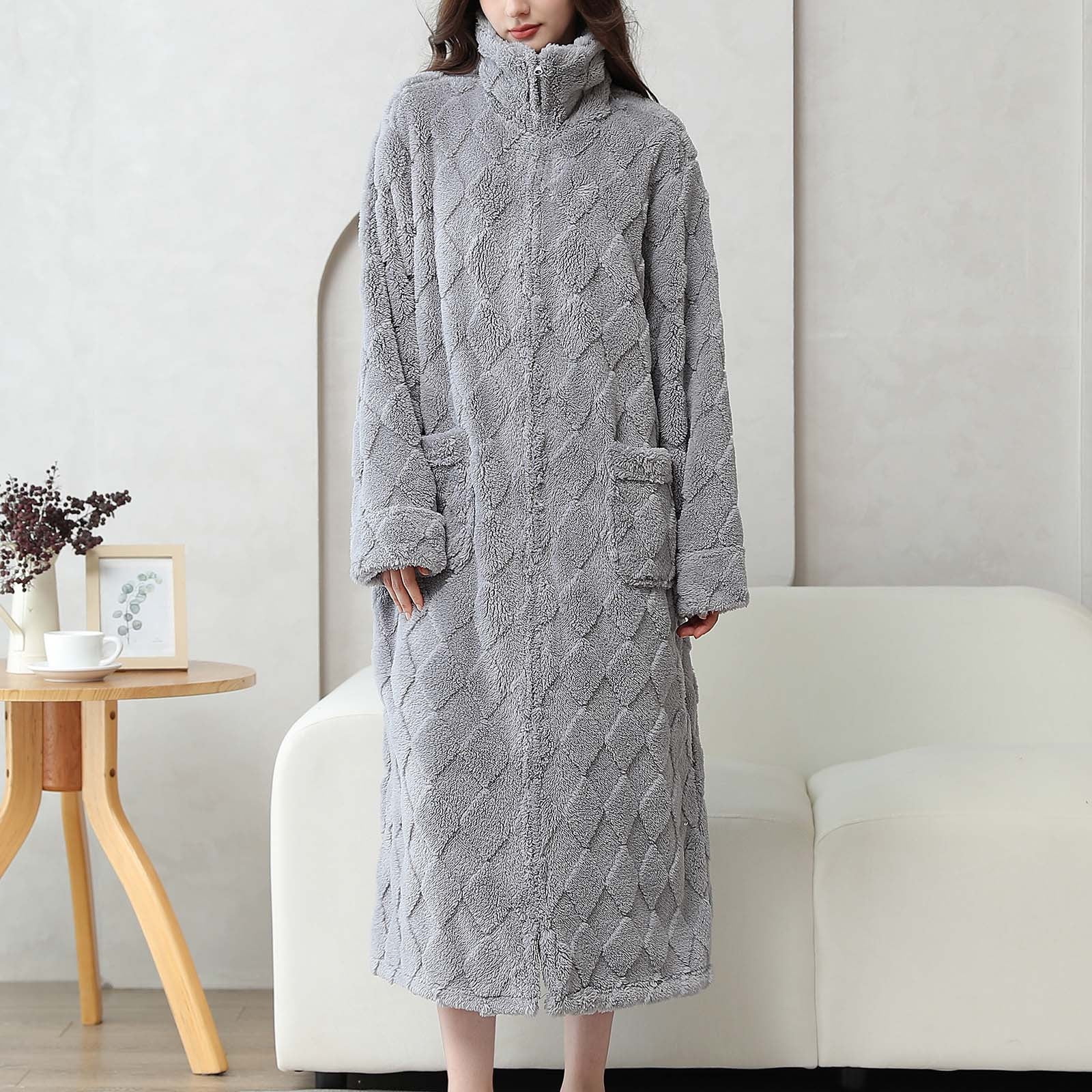 Aueoeo Womens Bathrobe Long Zipper Fleece Robes Winter Warm Housecoat ...