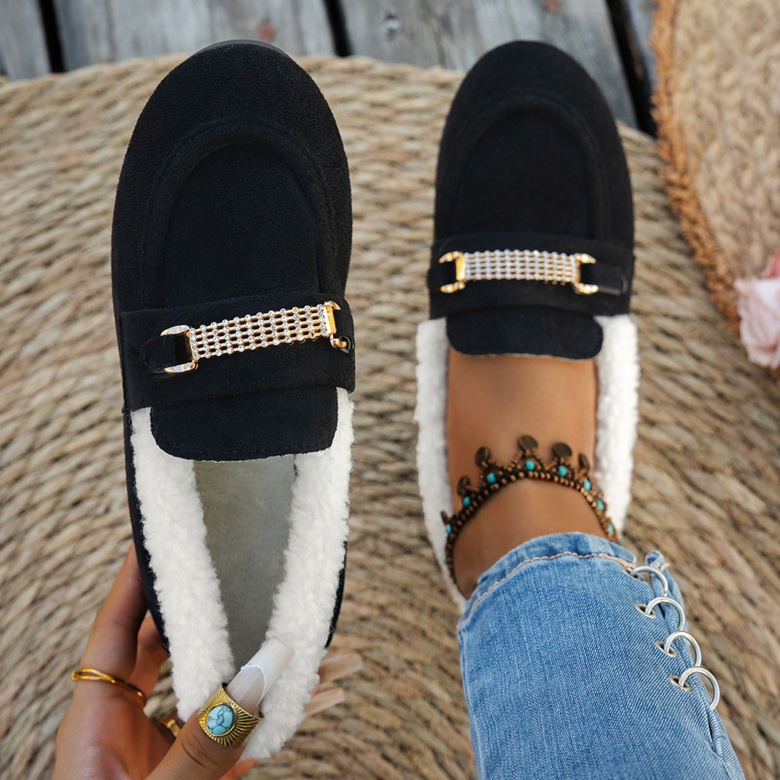 Aueoeo Womens Faux Furs Slippers Outdoor Fall Winter Warm House Shoes ...