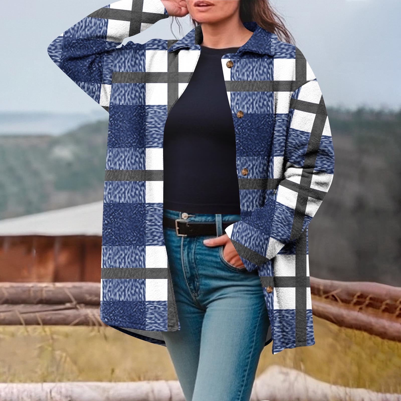 Aueoeo Womens Fuzzy Jackets Long Sleeve Plaid Coats Button Up Warm ...