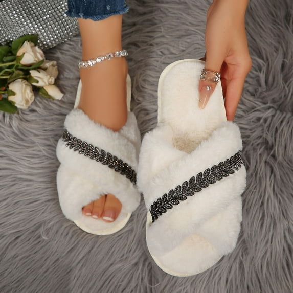 Aueoeo Womens Fuzzy Slippers Crossed Cozy Home Slippers Furry Open Toe ...
