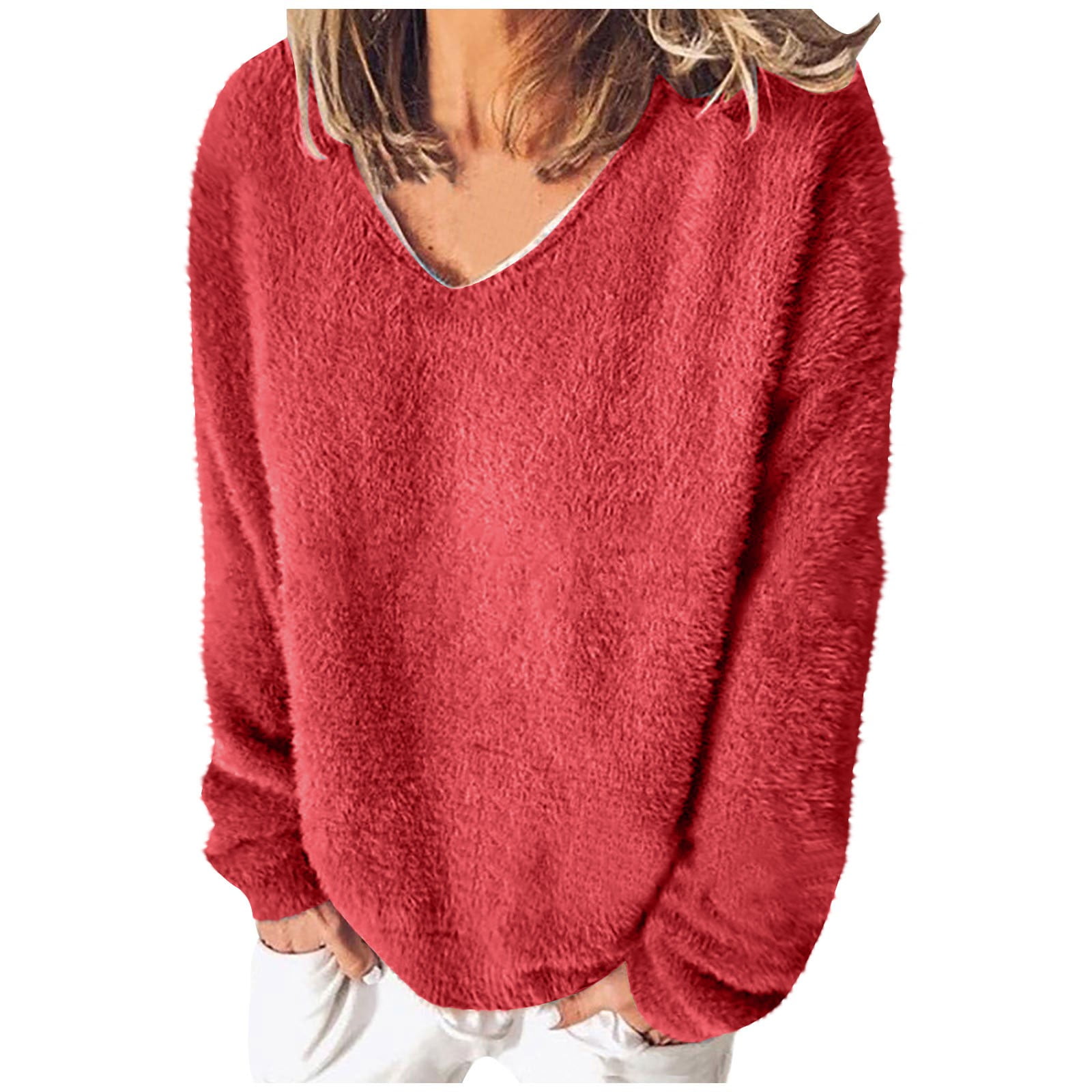 Aueoeo Womens Fuzzy Tops Long Sleeve V Neck Shirts Casual Warm Spring ...