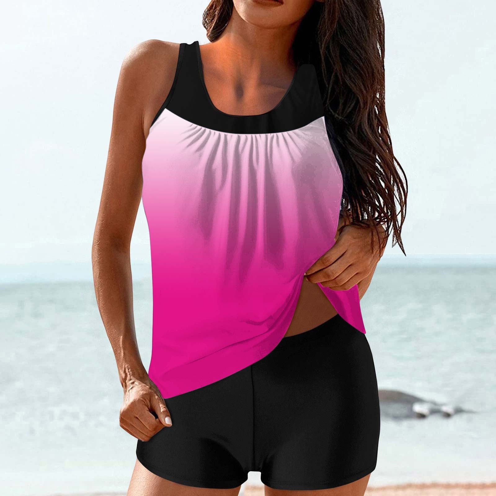 Aueoeo Womens Gradient Color High-Waisted Tank Suits Set Conservative 2 ...