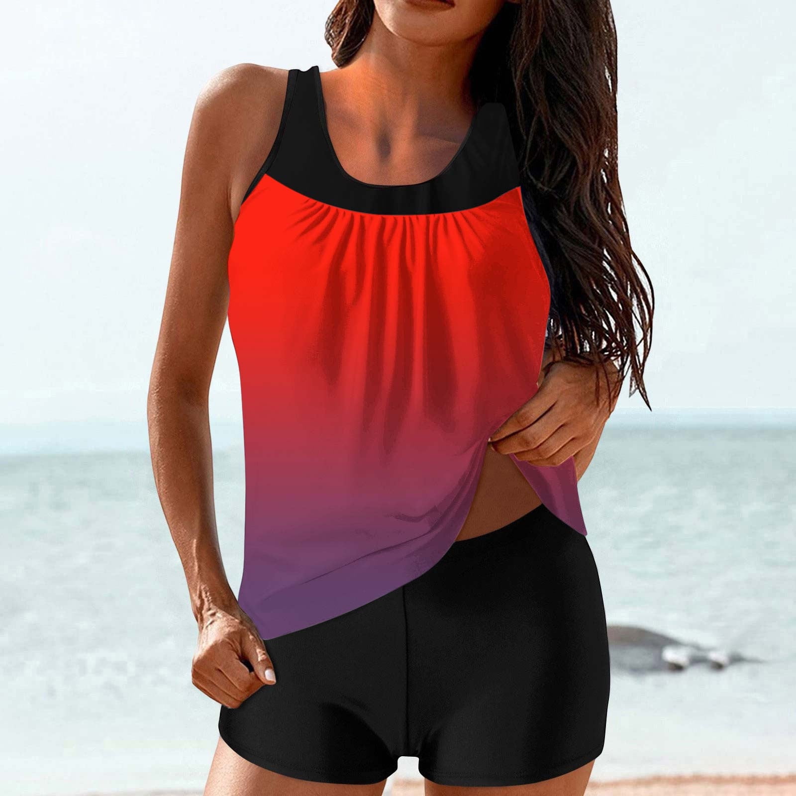 Aueoeo Womens Gradient Color High-Waisted Tank Suits Set Conservative 2 ...