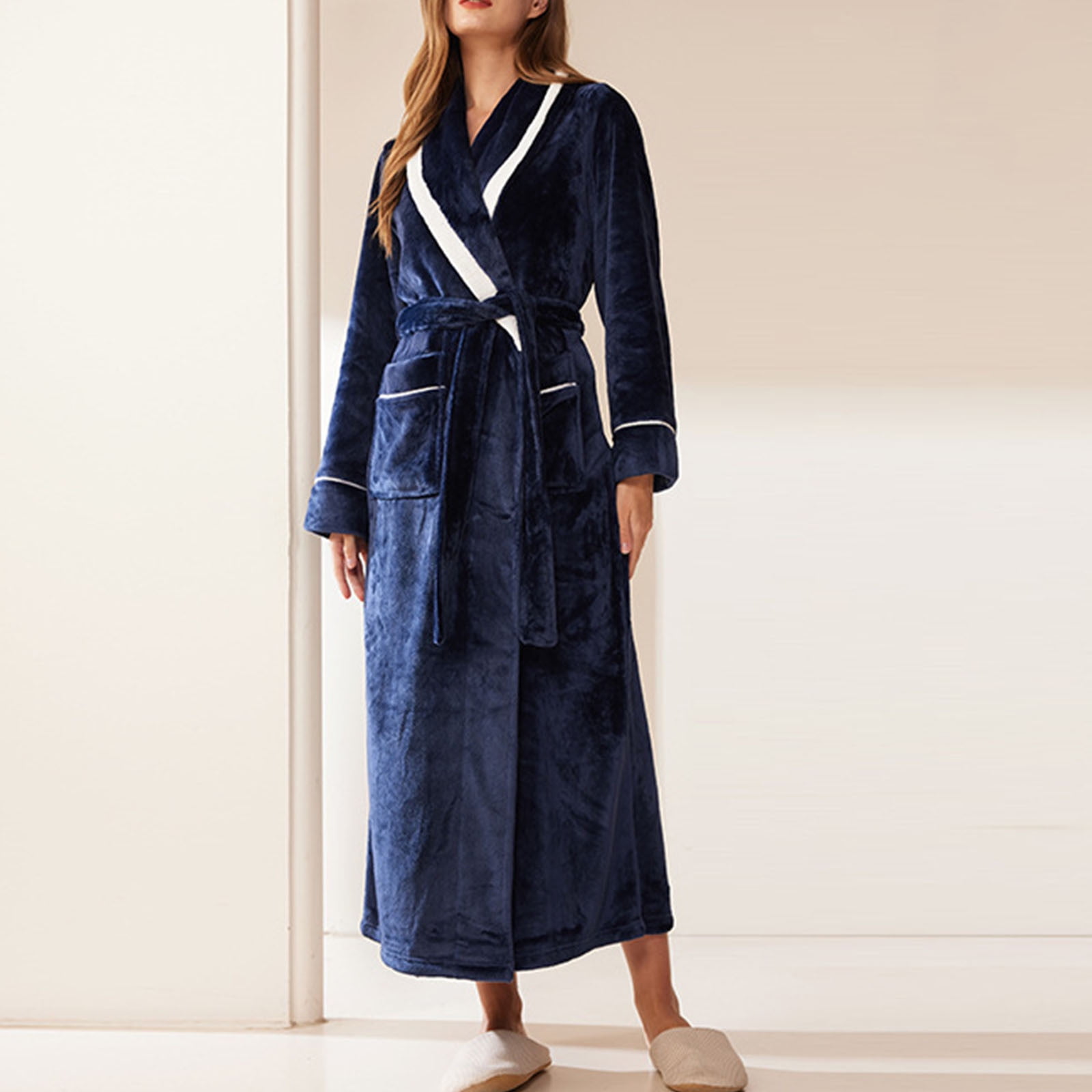 Aueoeo Womens Long Fleece Robe Fall Winter Warm Bathrobes Fuzzy Furry ...