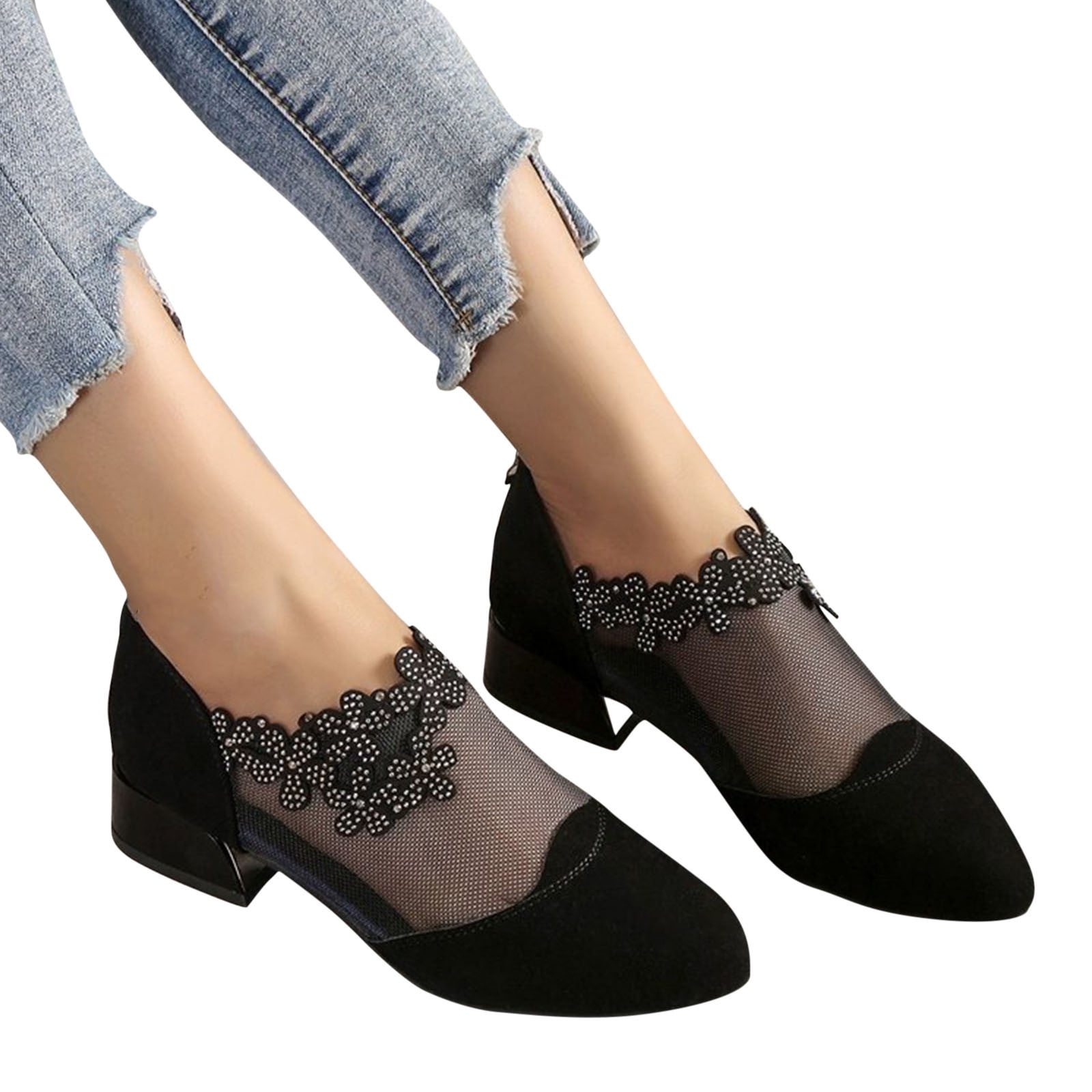 Aueoeo Womens Mesh Shoes Low Chunky Block Heeled Suede Round Toe Mesh ...