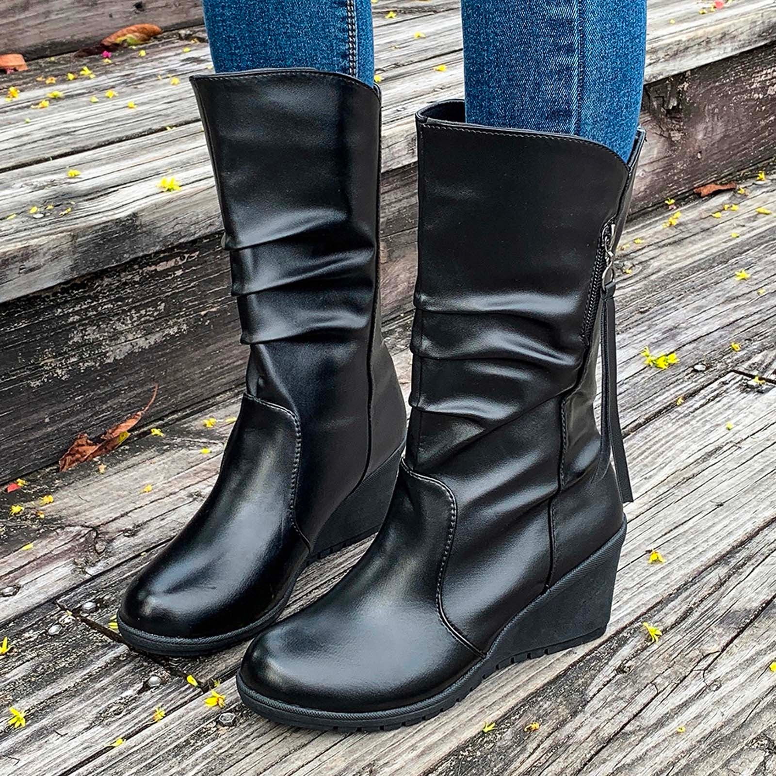 Aueoeo Womens Mid Calf Boots Wedge Heel Platforms Round Toe Faux ...