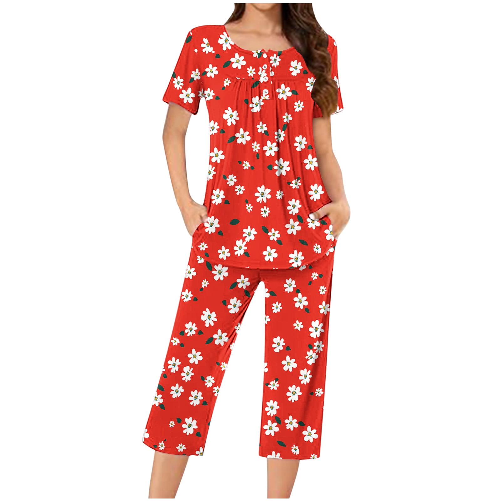 Aueoeo Womens Pajamas Womens Fashionable Casual Loose Printed Round