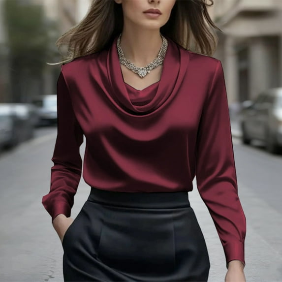 Aueoeo Womens Satin Blouse Cowl Neck Silk Long Sleeve Dressy Tops Fall ...