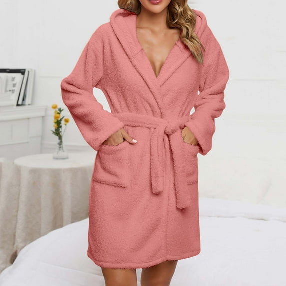 Aueoeo Womens Short Lace Up Robe Fuzzy Cozy Soft Warm Hooded Robes Long ...