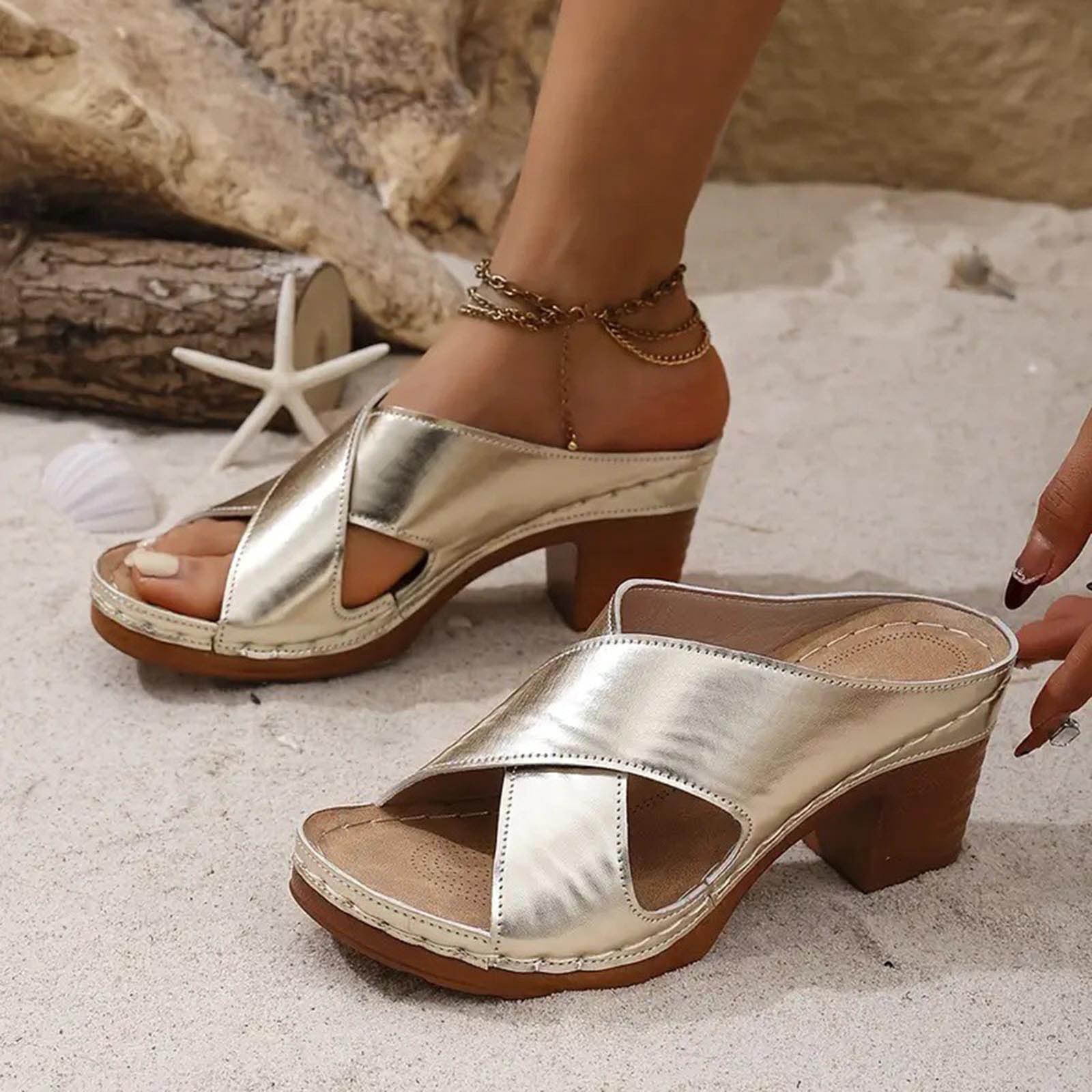 Aueoeo Womens Slippers High Heels Round Open Toe Slippers Comfortable ...