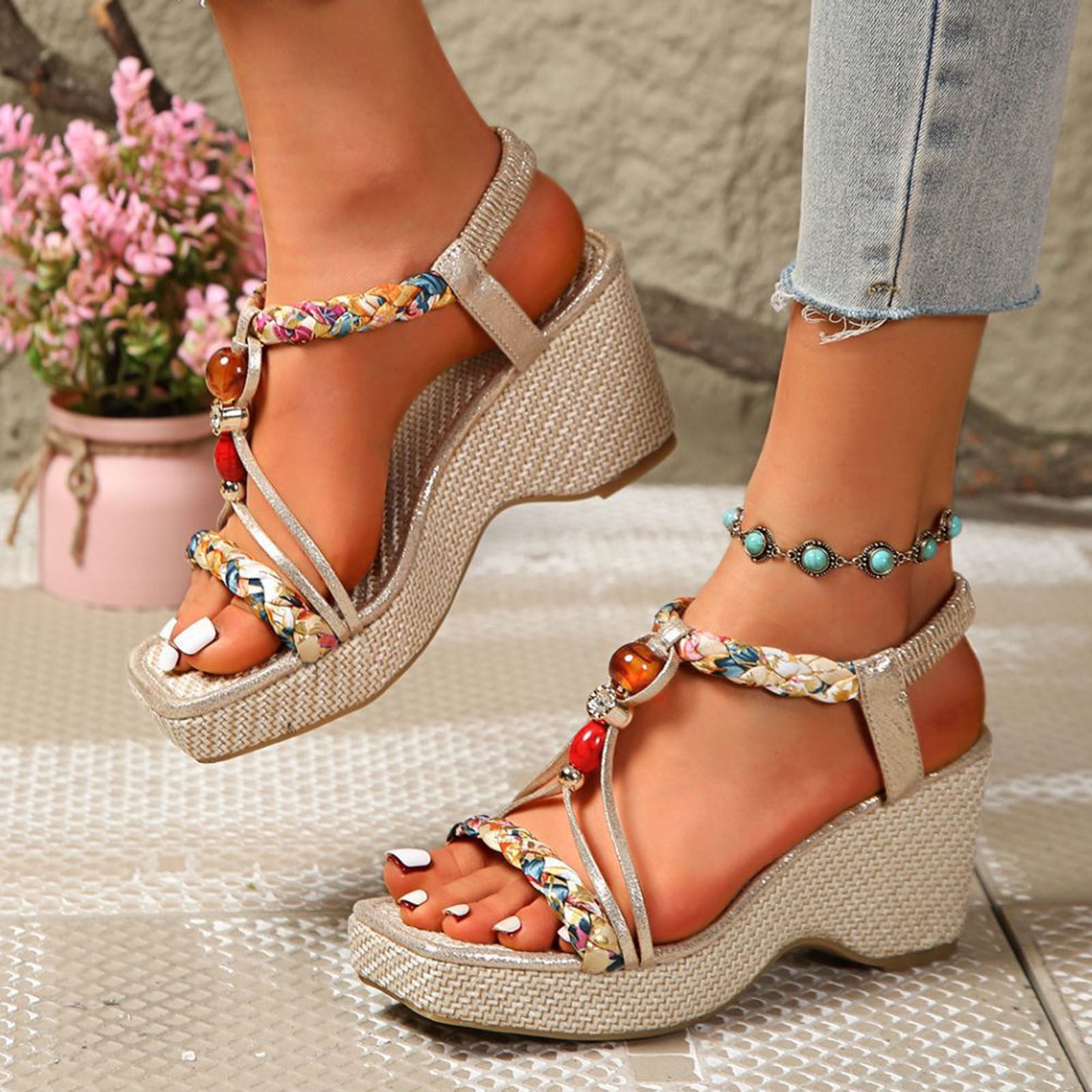 Aueoeo Womens Squared Open Toe Sandals Elastic Ankle Strap Wedge ...