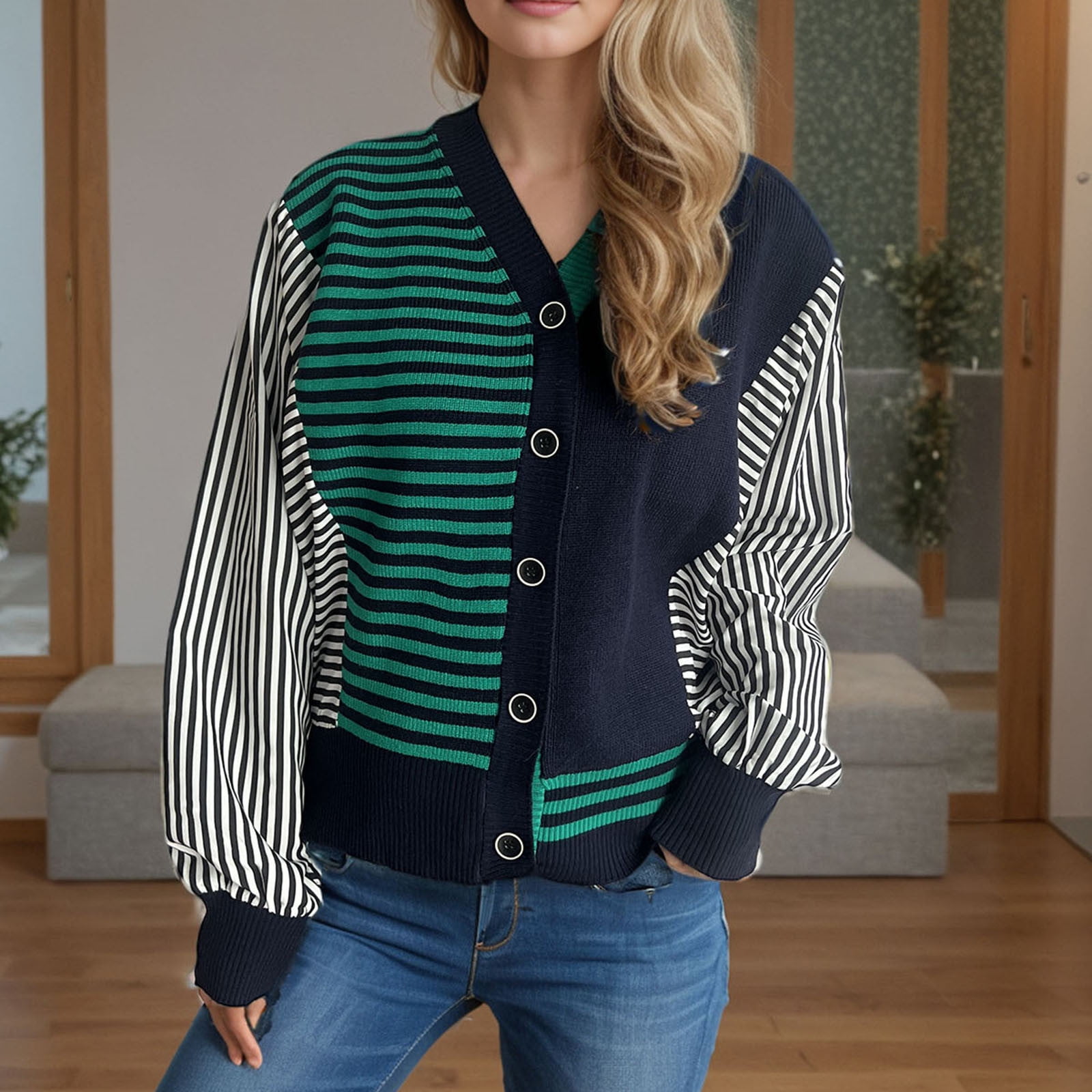 Aueoeo Womens Sweaters Fall 2025 Fashion Clothes V Neck Striped Knitted ...