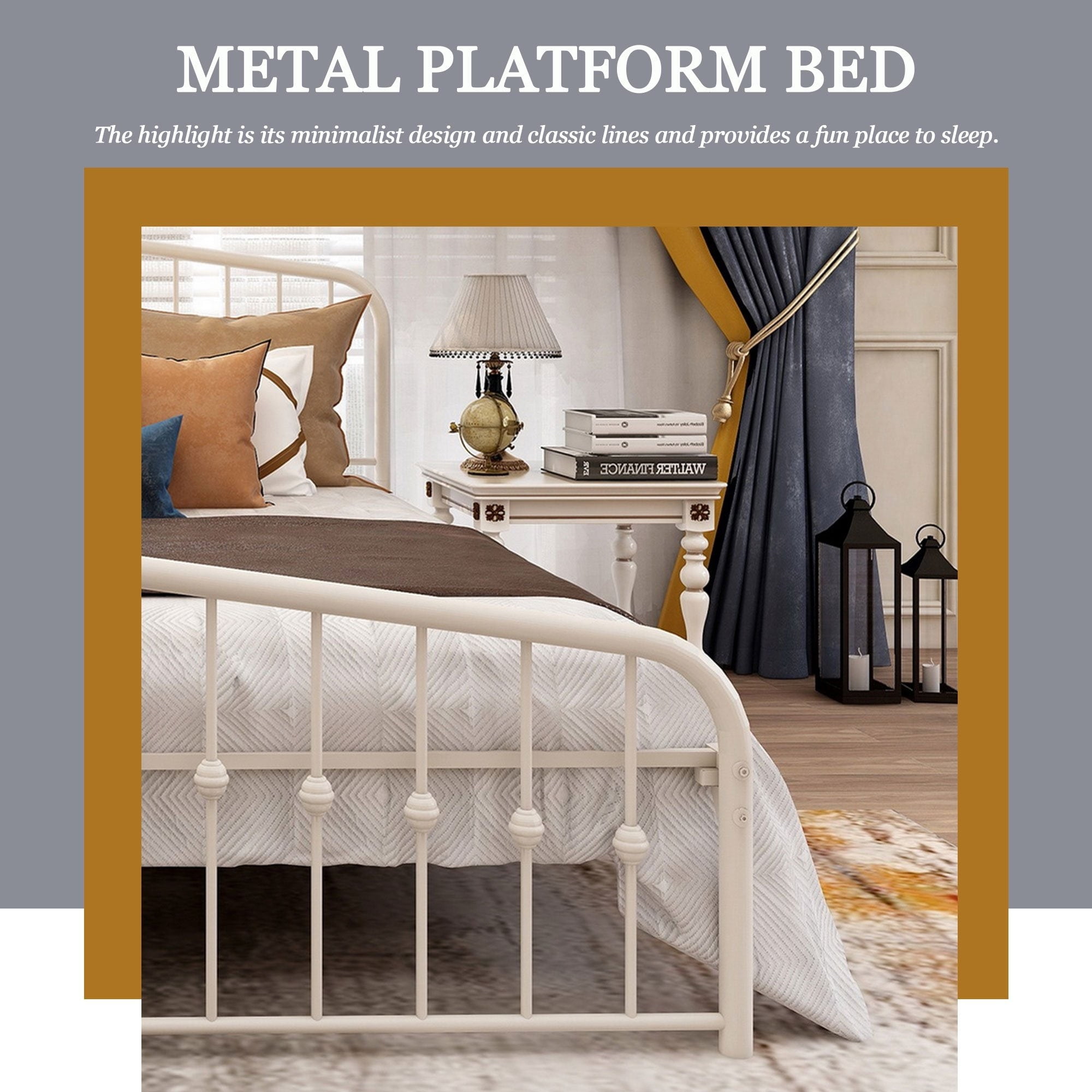 Aufank Platform Metal Bed Frame, Iron Slat, Easy Assembly White Queen ...