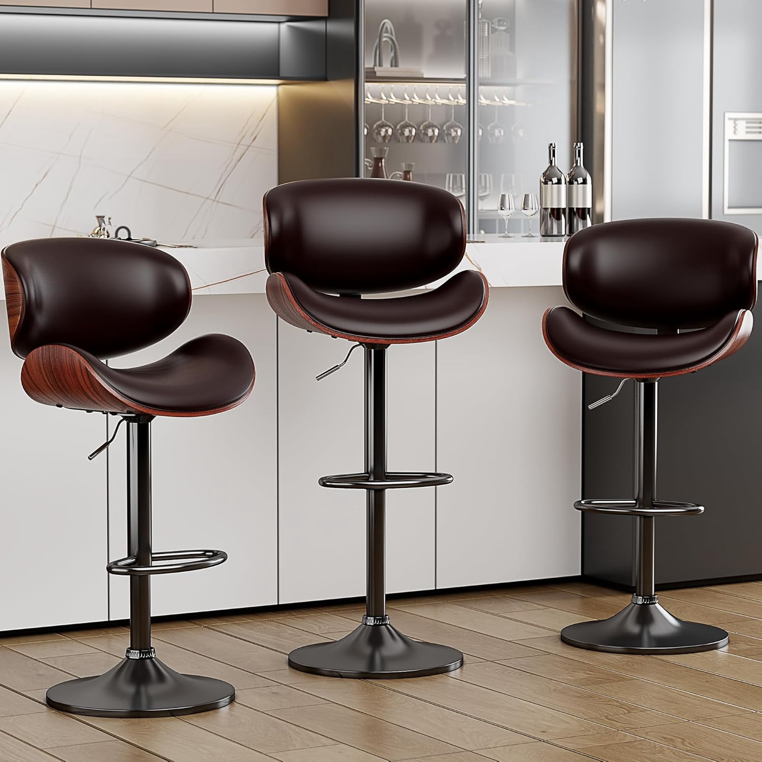 Aufeile Bar Stools Set of 3 with Bentwood Back and PU Leather Seat ...
