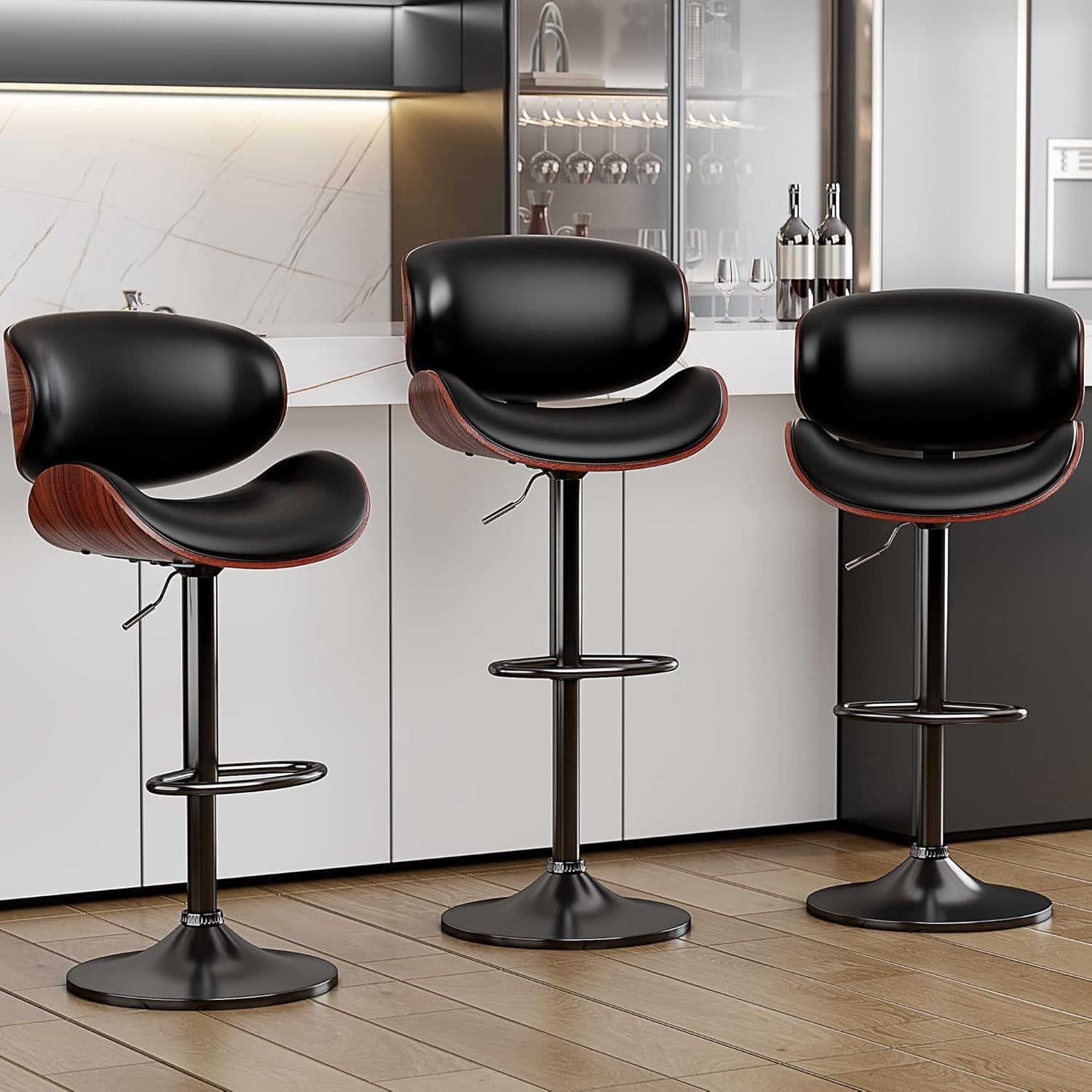 Aufeile Bar Stools Set of 3 with Bentwood Back and PU Leather Seat ...