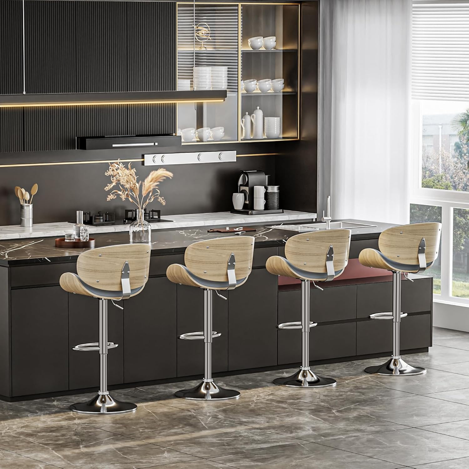 Aufeile Bar Stools with Bentwood Back and PU Leather Seat, Adjustable ...