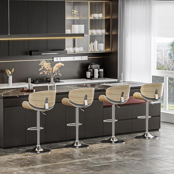 Aufeile Bar Stools with Bentwood Back and PU Leather Seat, Adjustable ...