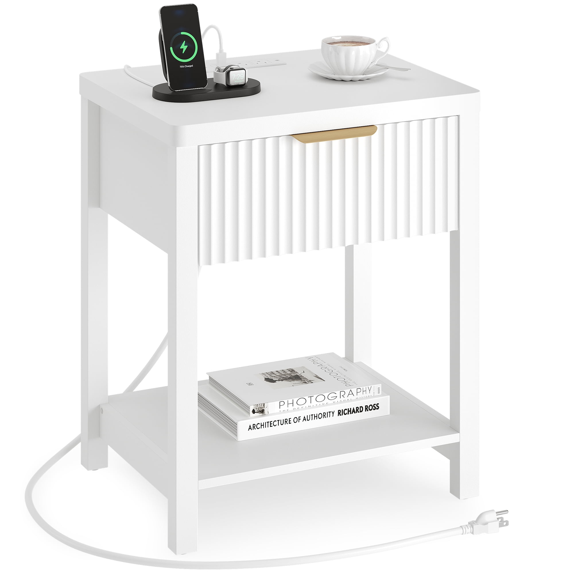 Aufeile Modern Fluted Bedside Table with Charging Station, Wood ...