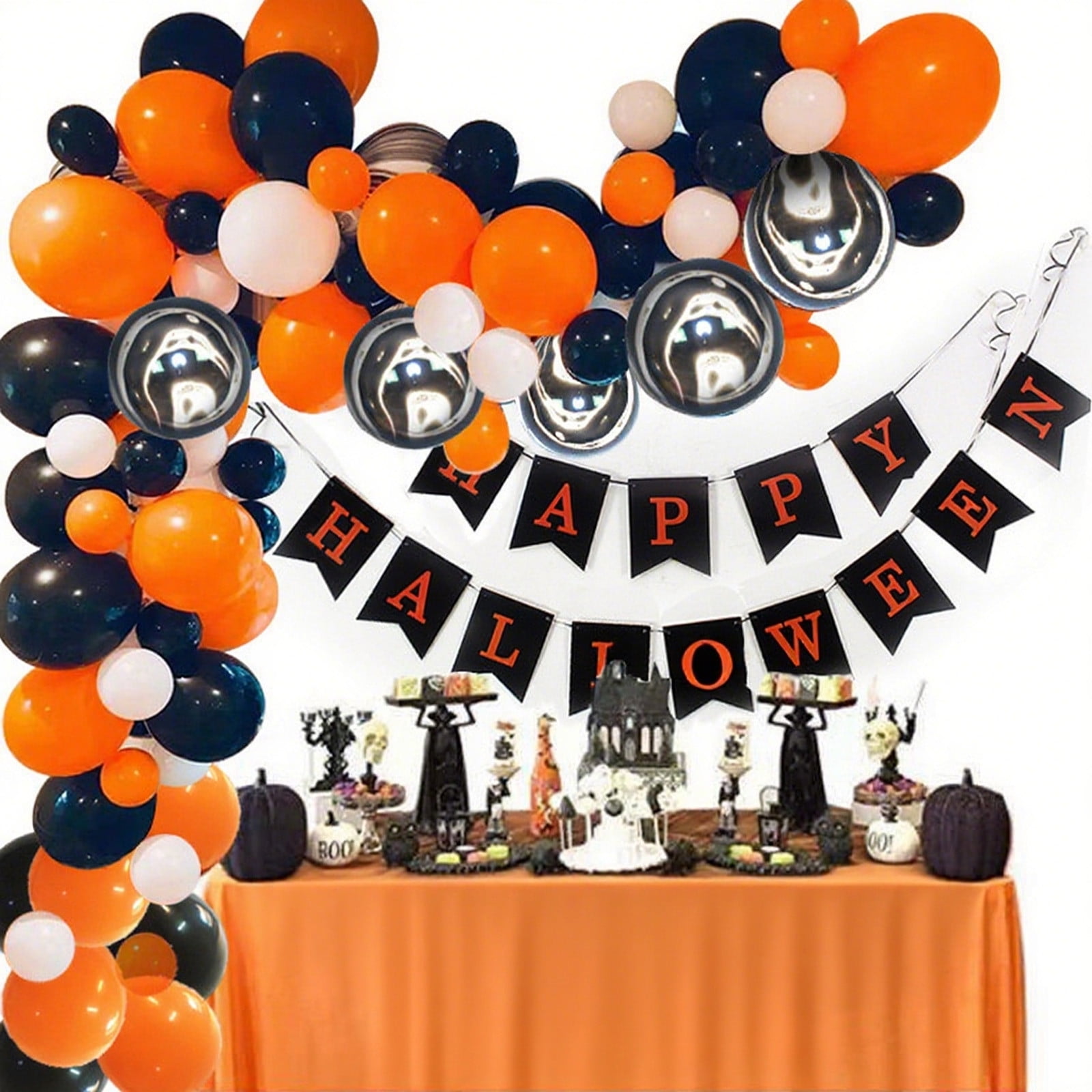Aufmer 2 Pcs Halloween Balloons Arch Garland Orange and Black Latex Balloon Spider Genie Web ...