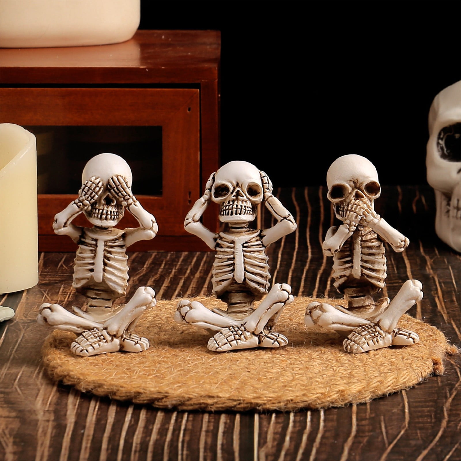 Aufmer 3 Pcs Resin Halloween Skeleton Statue Set, Three Monkeys Horror ...