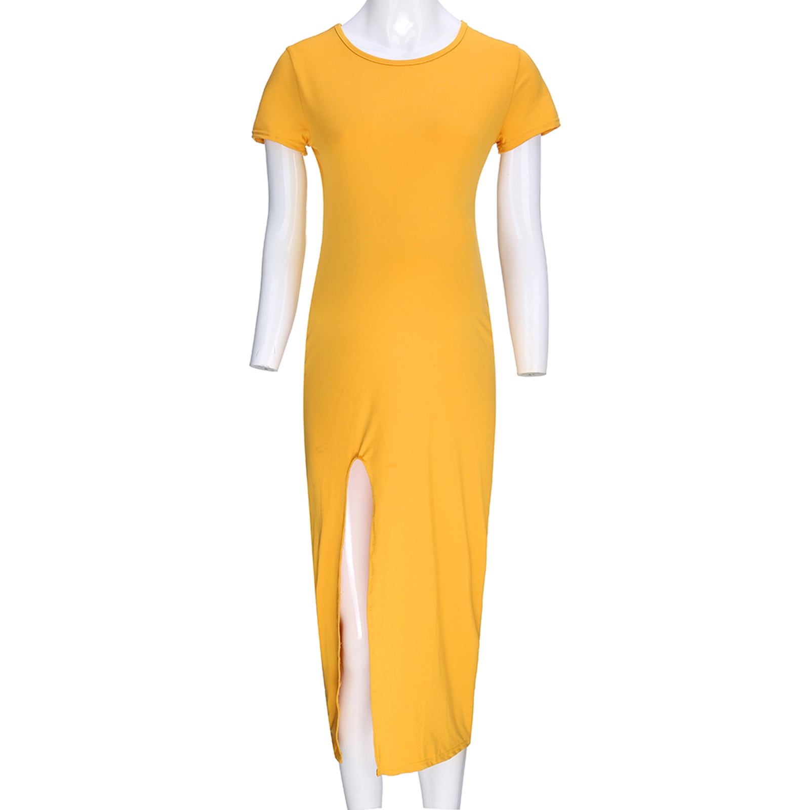 Augper Summer Round Short Sleeve Solid Color Split fork Dress Fashion ...