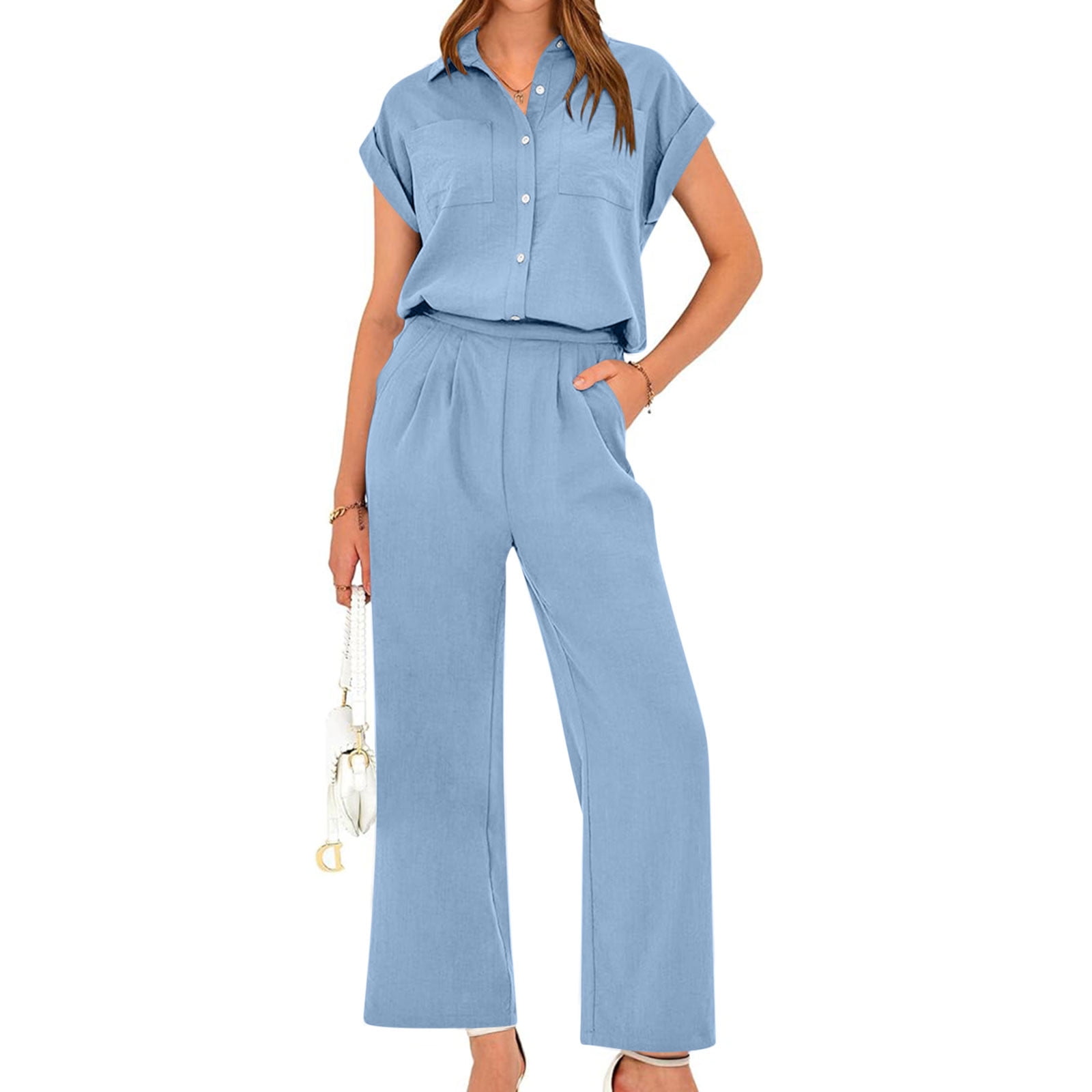 Augper Women's Summer Two-piece Clothing Set With Lapel And Wide Leg ...