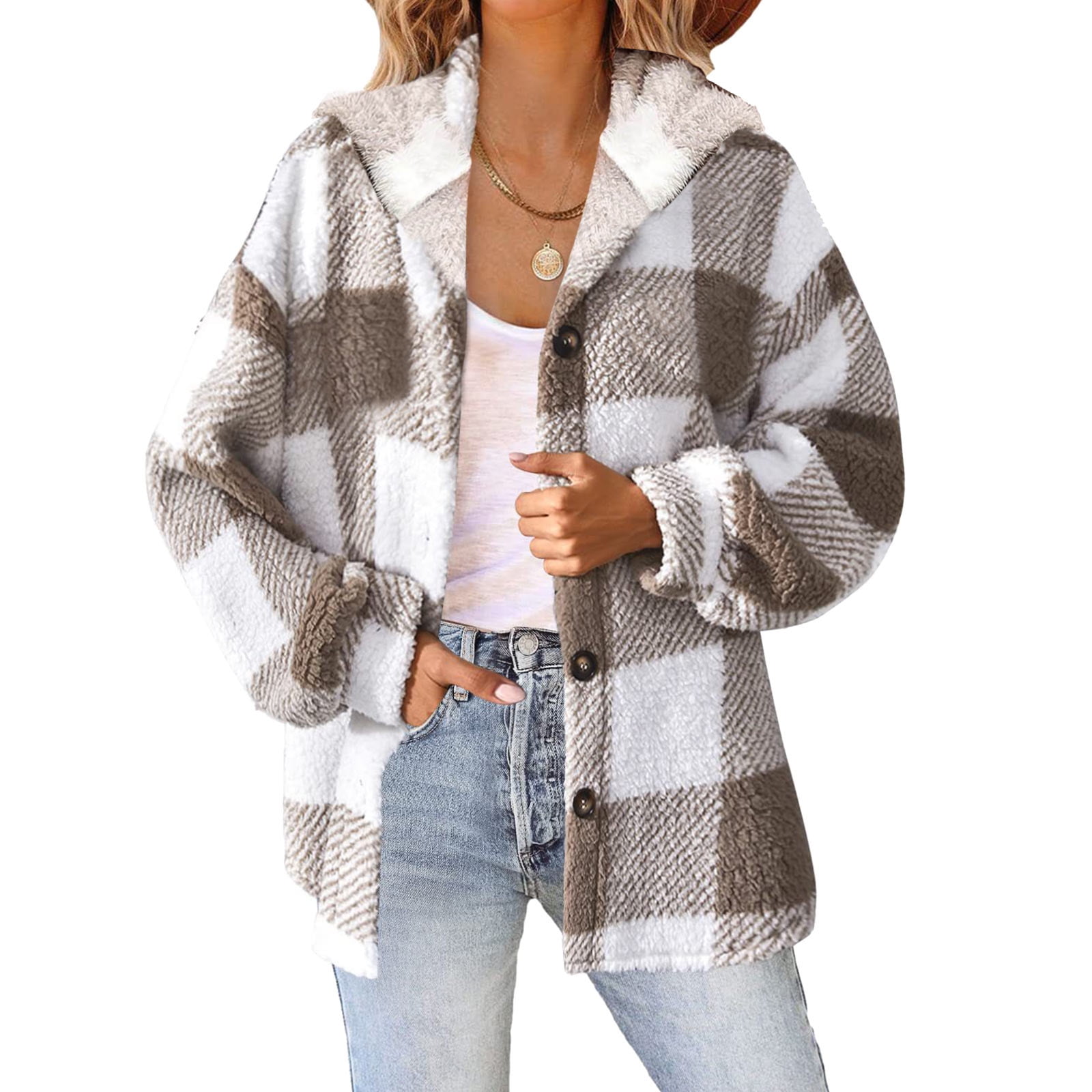 Augper Womens Plaid Shacket Jacket Long Sleeve Button Down Fleece ...