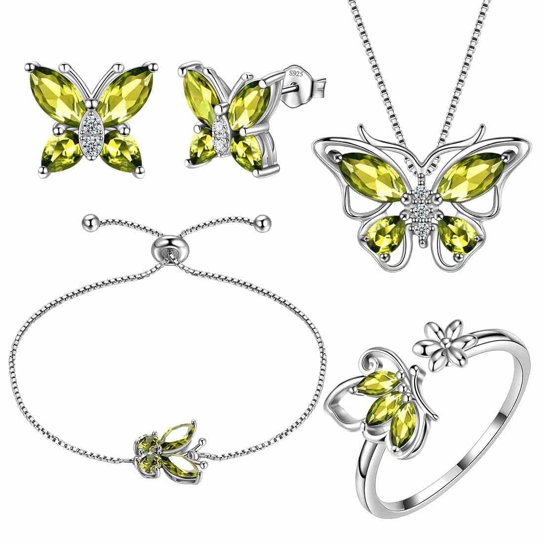 Aurora Tears August Birthstone Peridot Butterfly Jewelry Set, Sterling ...