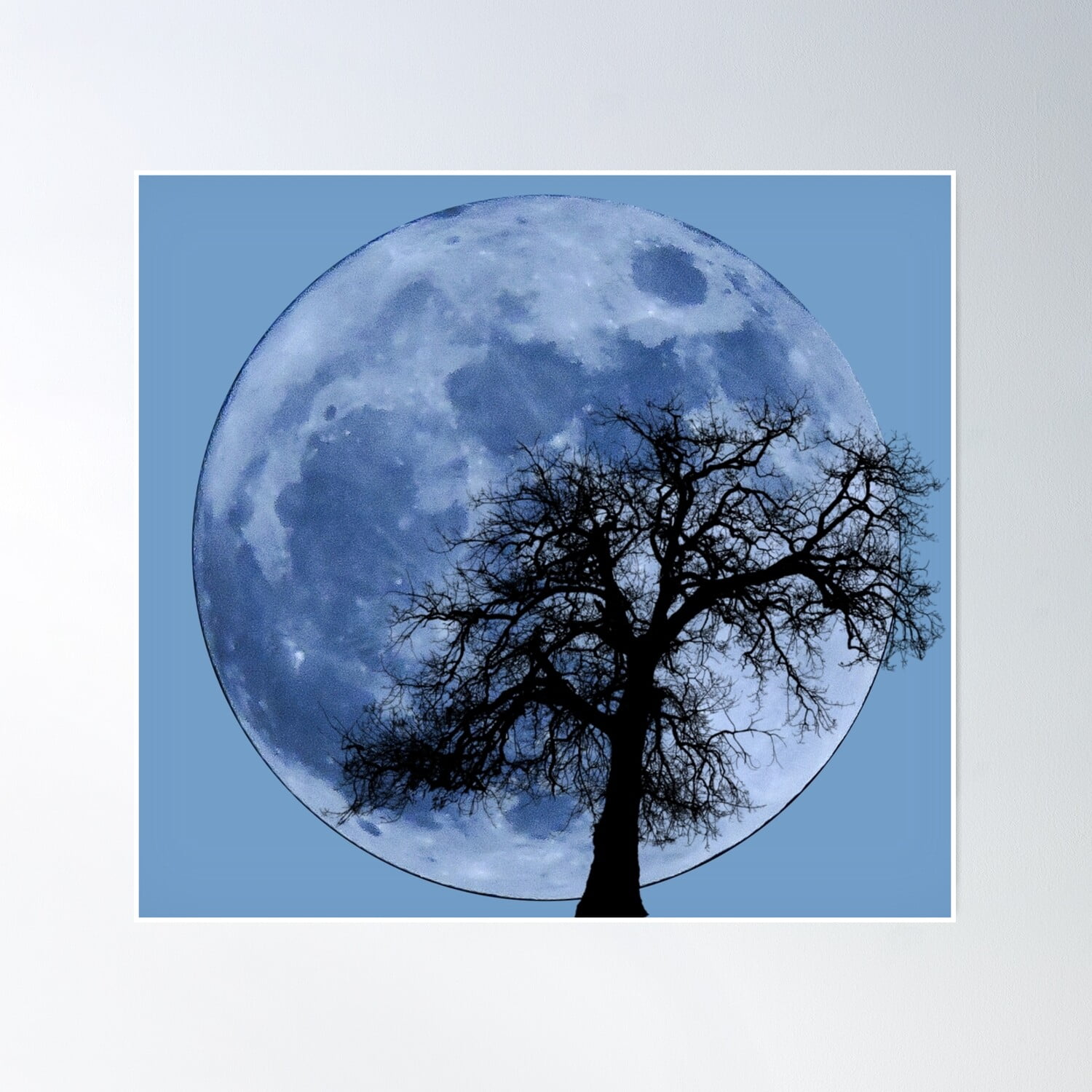August Blue Moon With Maple Tree Silhouette Design Poster Wall Art ...