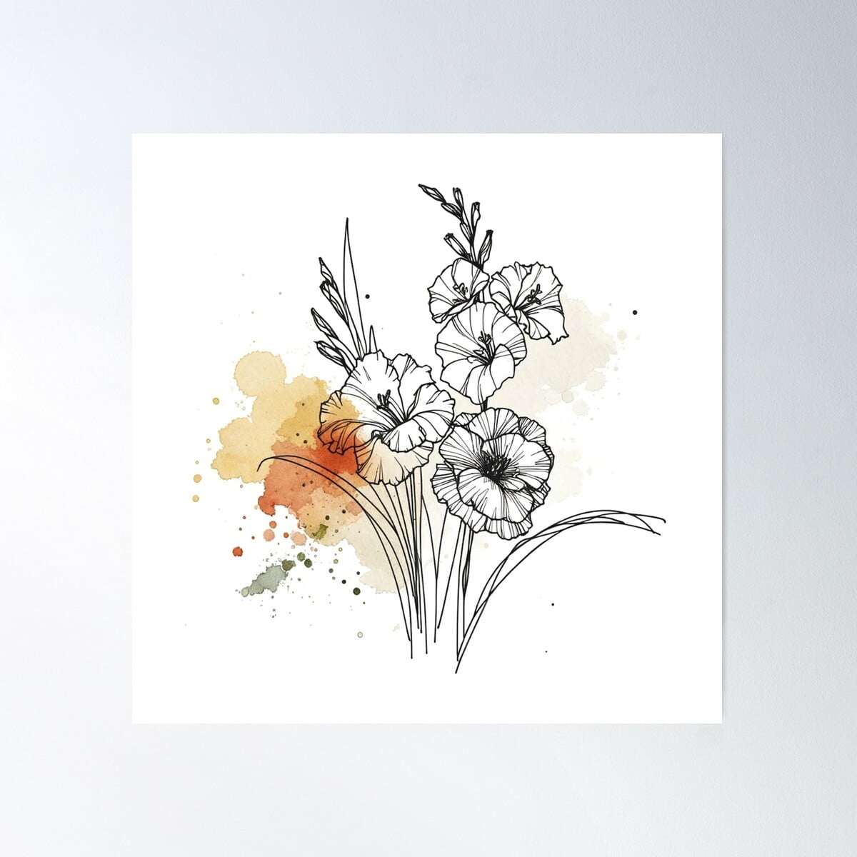 August Fine Line Watercolor Flower Bouquet Artwork Poster Wall Art ...