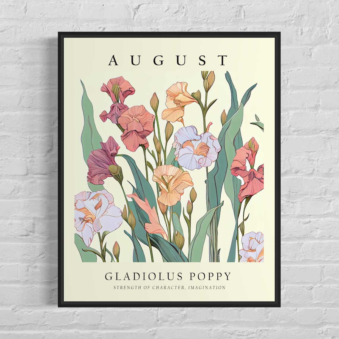 August Flower Month Art Print, Month Flower Market, Gladiolus Poppy ...