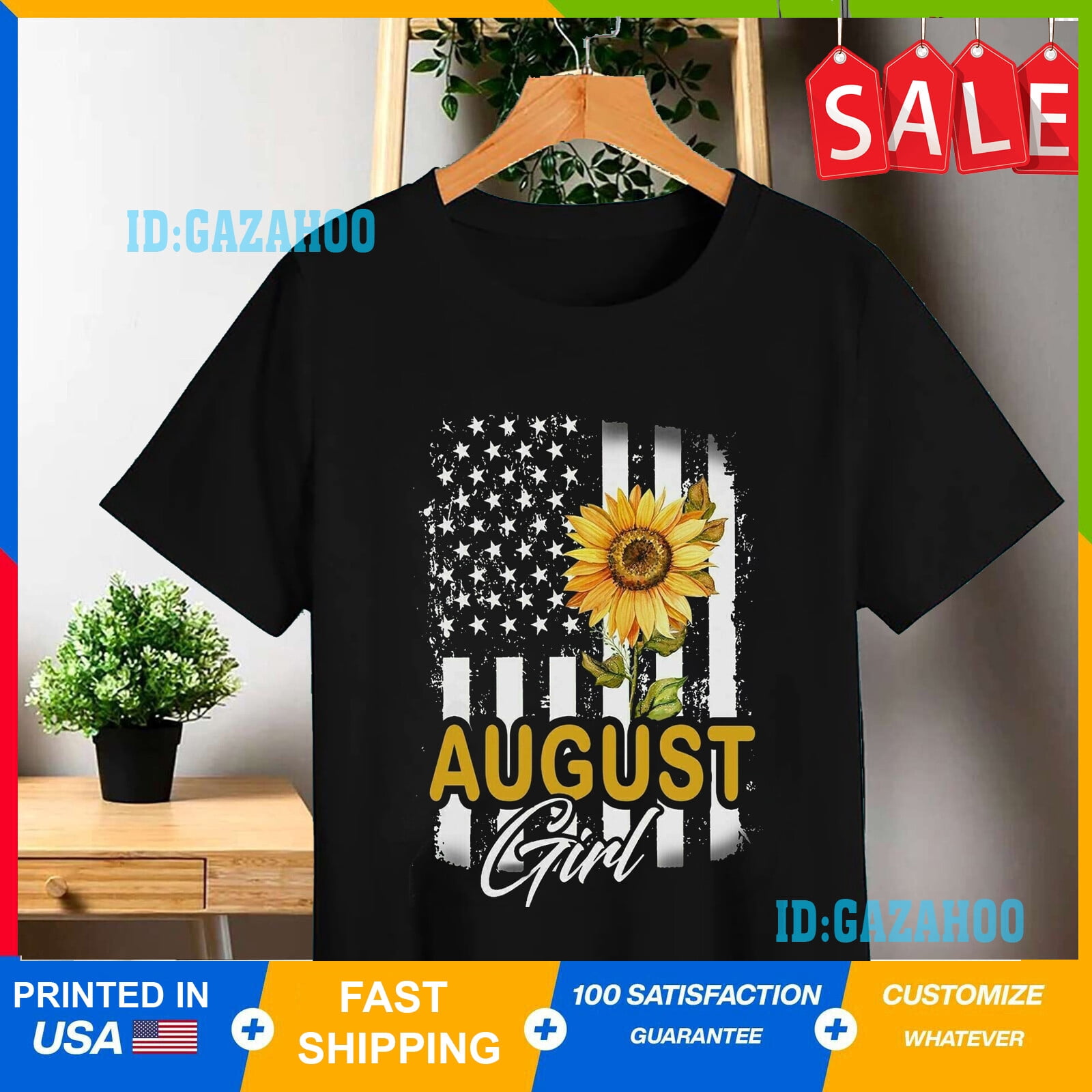 August Girl Sunflower Birthday American Flag Girls Mom Women Black T ...