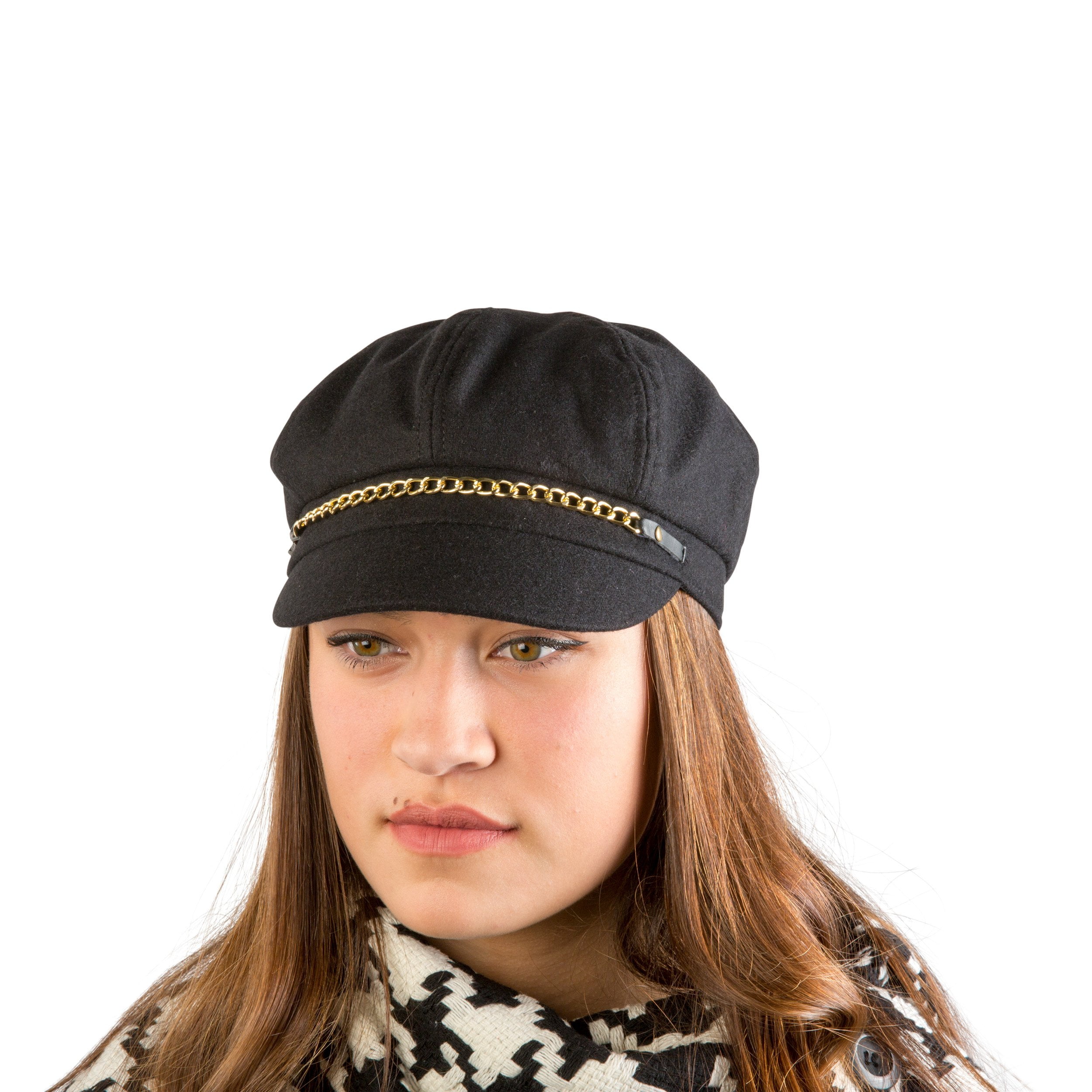 August Hat Co Women's Black Wool Lightweight Newsboy Cap with Chain ...