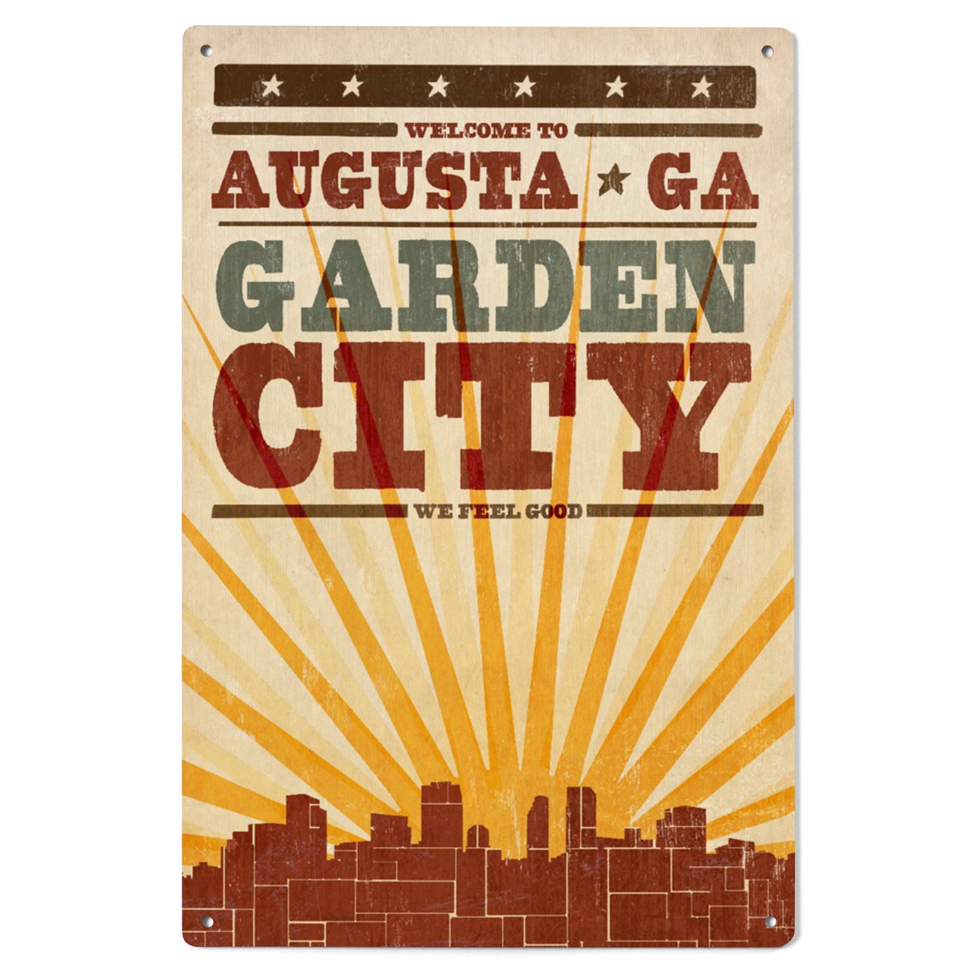 Augusta, Georgia, Skyline and Sunburst Screenprint Style Birch Wood ...