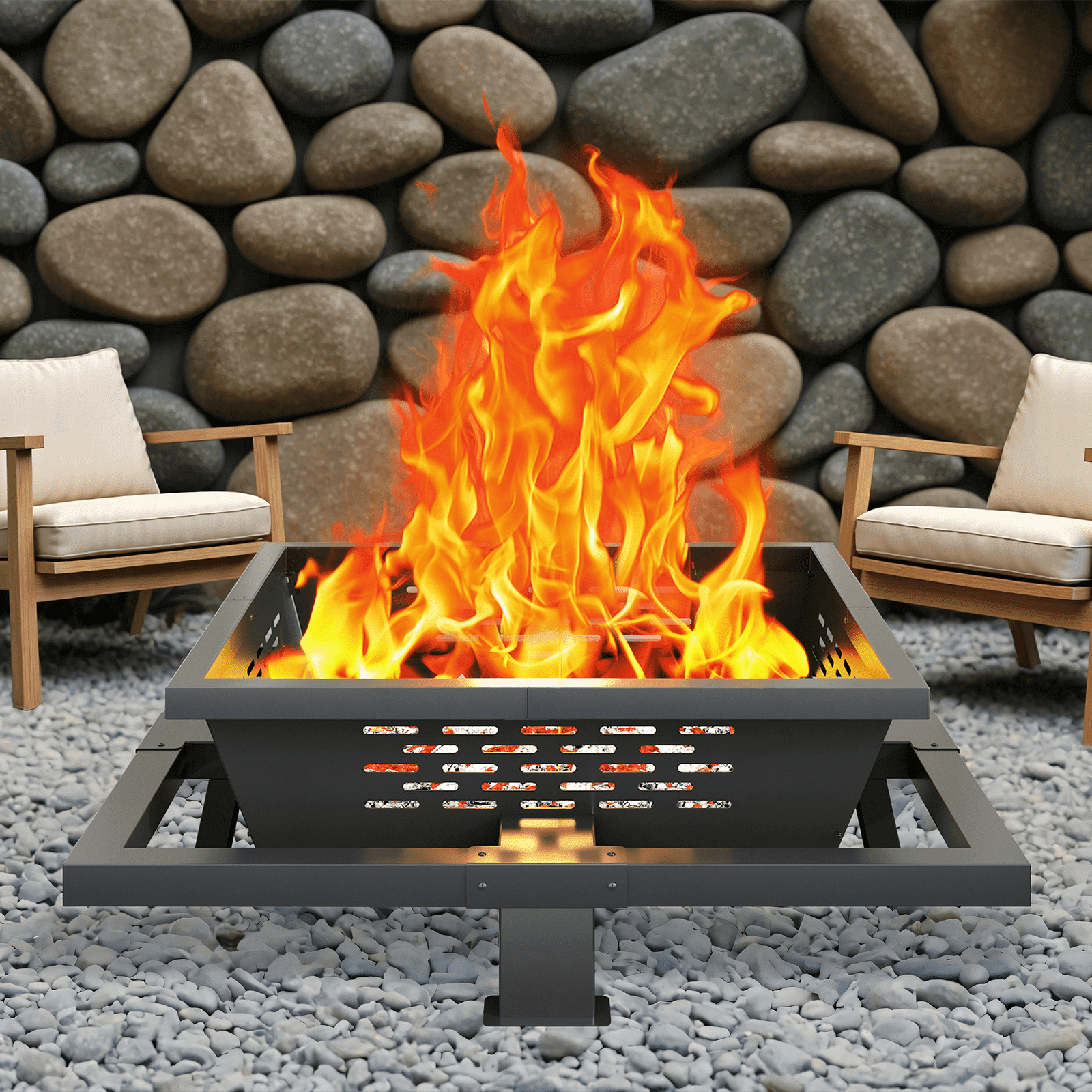 Auhilence 47" Fire Pit for Outside, Square Outdoor Wood Burning Firepit ...