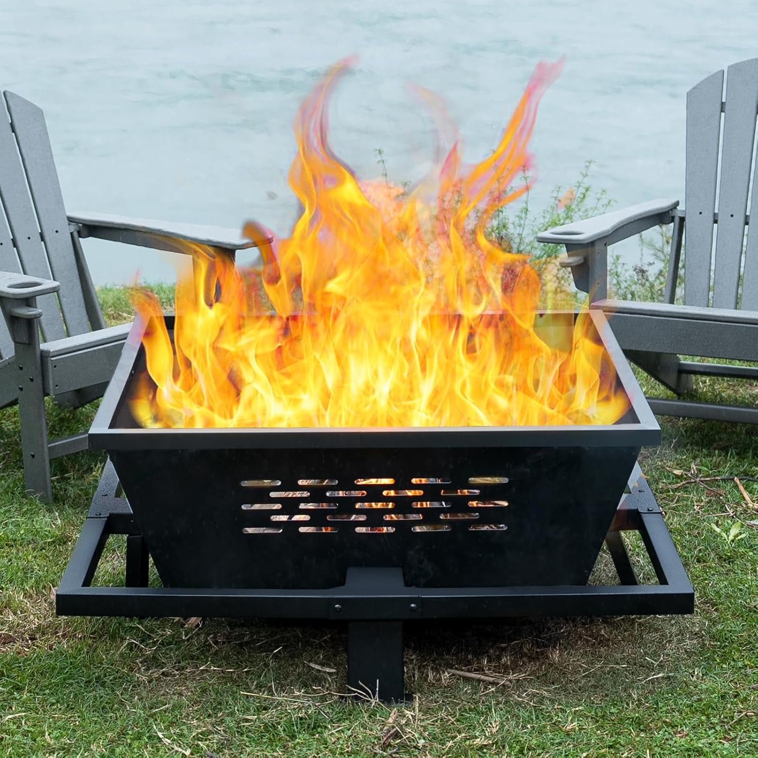 Auhilence large fire pit, 43" Square Outdoor Wood Burning Fire pit with ...