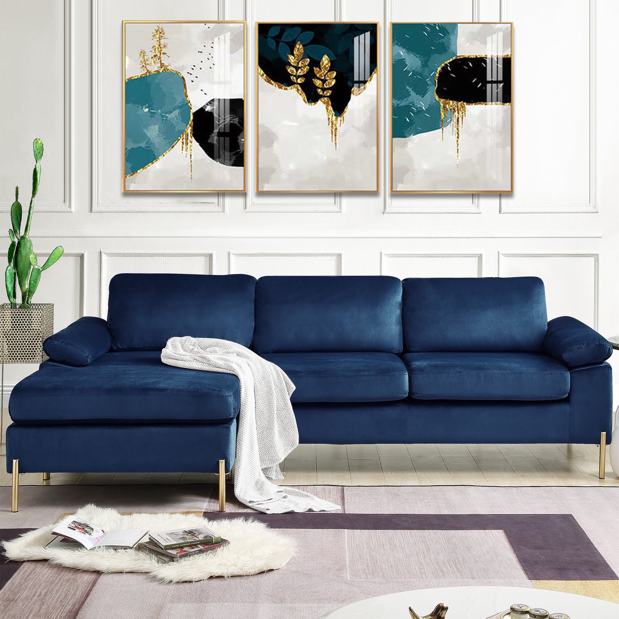 Aukfa 101" Velvet Sectional Sofa Pillow Top Arm Sleeper Couch for ...