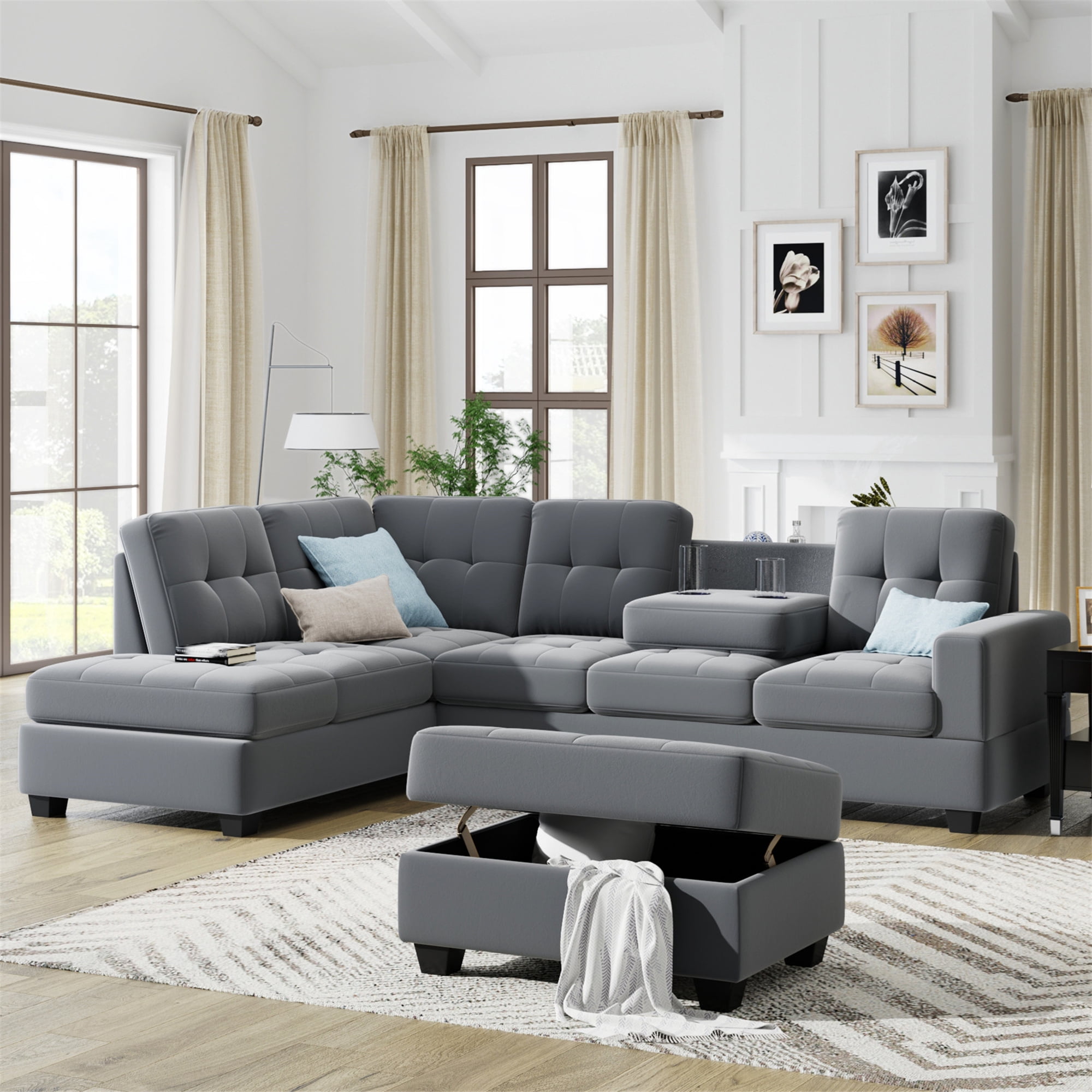 Aukfa 104" Sectional Couch L shape Sofa w/ Storage Ottoman& Cupholders ...