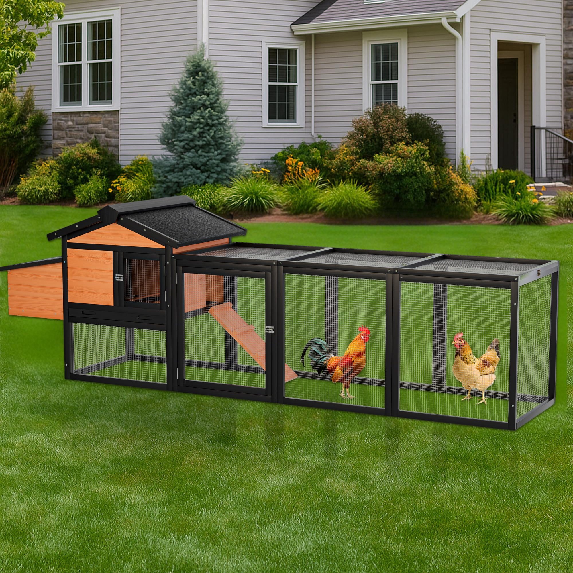 Aukfa 106" Large Chicken Coop Wood Chicken Run Cage w/ Nest Box for ...