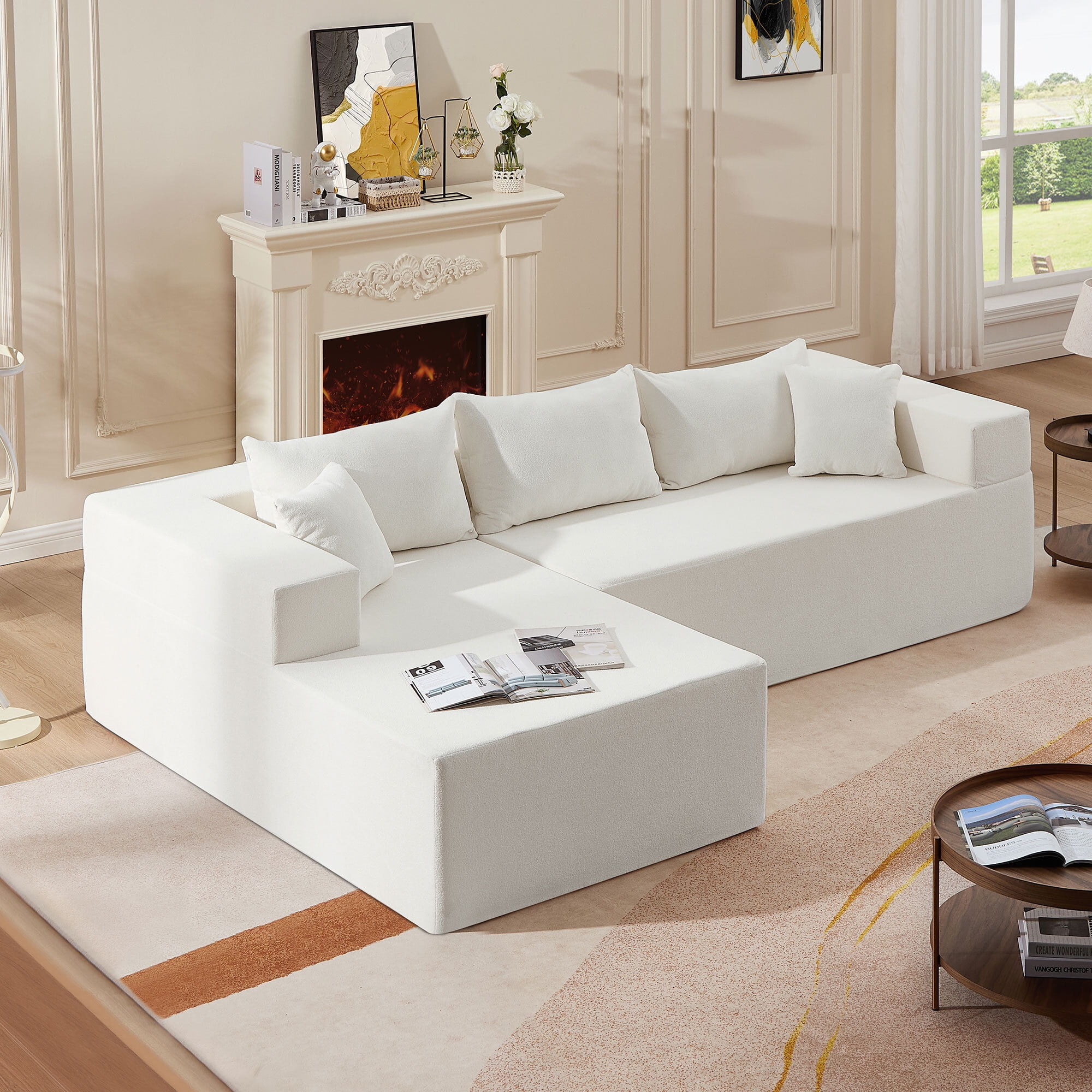 Aukfa 107" L-Shaped Sofa Couch, Pure Sponge Sleeper Sofa Bed with 5 ...