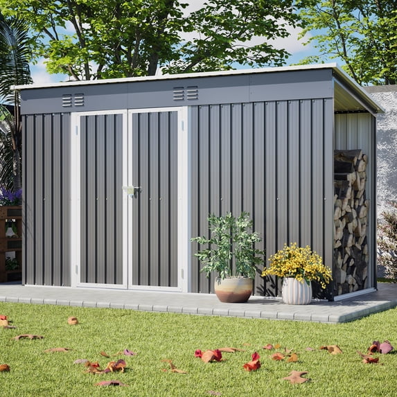 Aukfa 10x4 FT Metal Outdoor Storage Shed with Firewood Shed, 2-in-1 ...